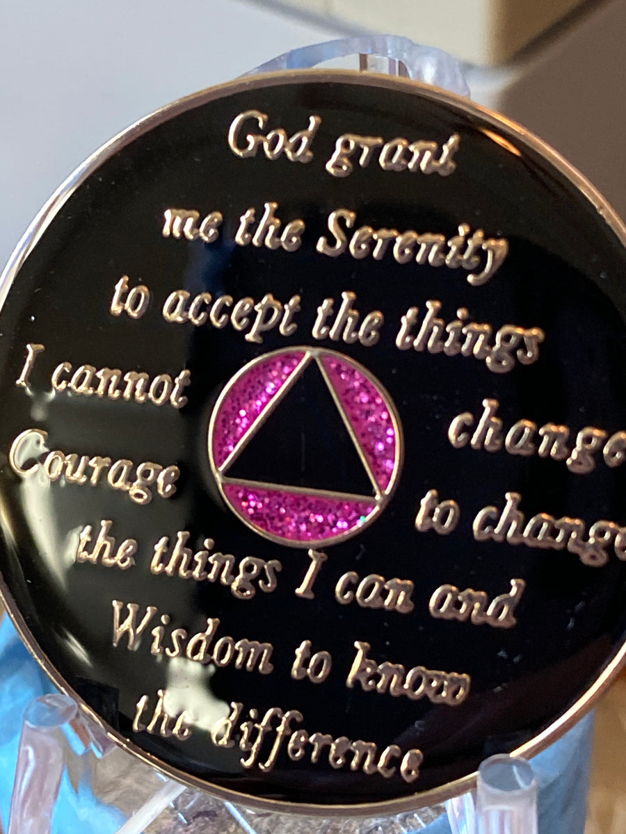 25 Year AA Medallion Pink Glitter Tri-Plate Sobriety Chip Serenity Pra ...