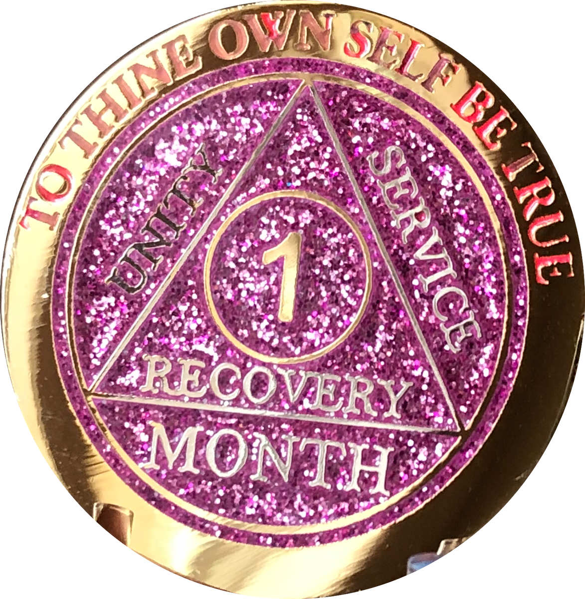 1 Month AA Medallion Reflex Pink Glitter Gold Plated 30 Day Sobriety C ...