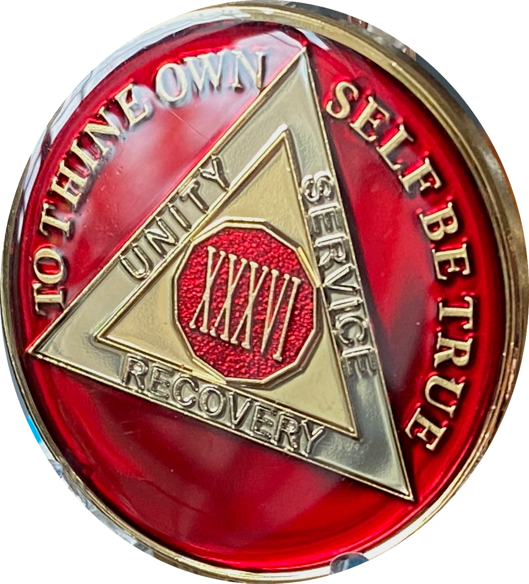 36 Year AA Medallion Metallic Mandarin Red Tri-Plate Sobriety Chip ...