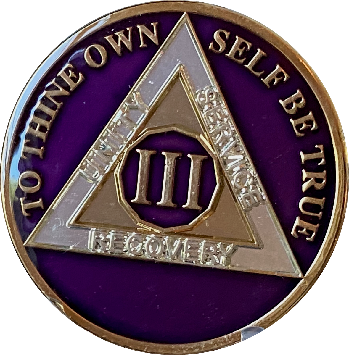 3 Year AA Medallion Metallic Purple Tri-Plate Sobriety Chip – RecoveryChip
