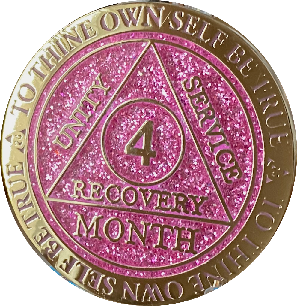4 Month AA Medallion Reflex Pink Glitter Gold Plated Sobriety Chip ...