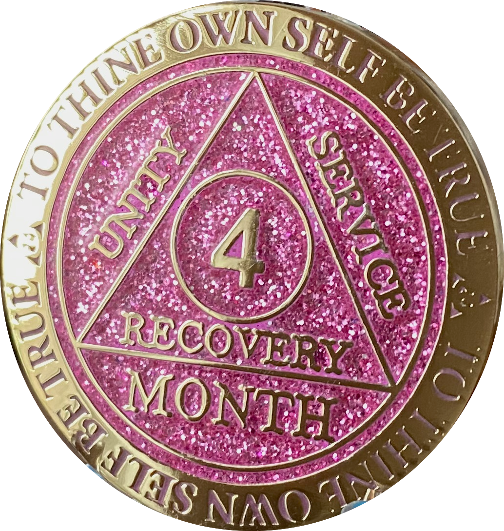 4 Month AA Medallion Reflex Pink Glitter Gold Plated Sobriety Chip ...