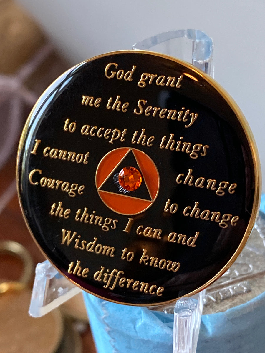 32 Year AA Medallion Black Orange Crystal Sobriety Chip – RecoveryChip