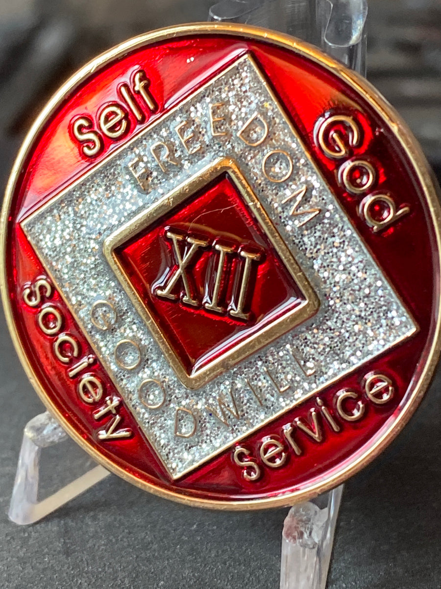 12 Year NA Clean Time Chip Red Silver Glitter Narcotics Anonymous Meda ...