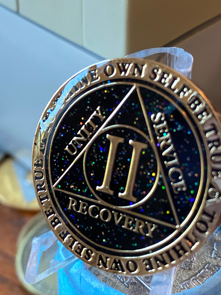2 Year AA Medallion Reflex Black Glitter Gold Sobriety Chip – RecoveryChip
