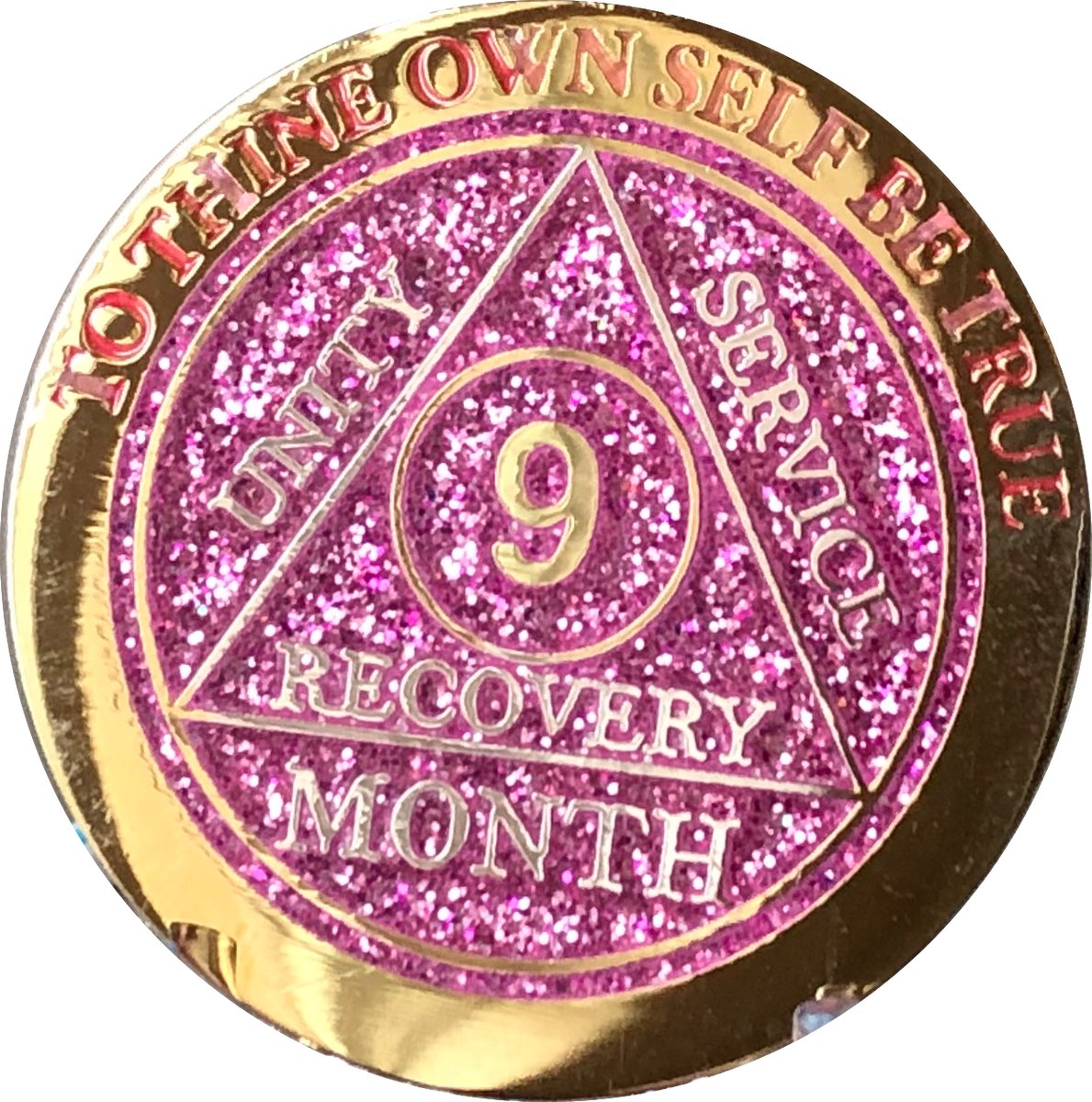 9 Month AA Medallion Reflex Pink Glitter Gold Plated Sobriety Chip ...