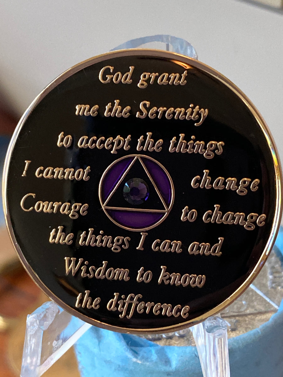 9 Year AA Medallion Purple Velvet Crystal Sobriety Chip Serenity Praye ...