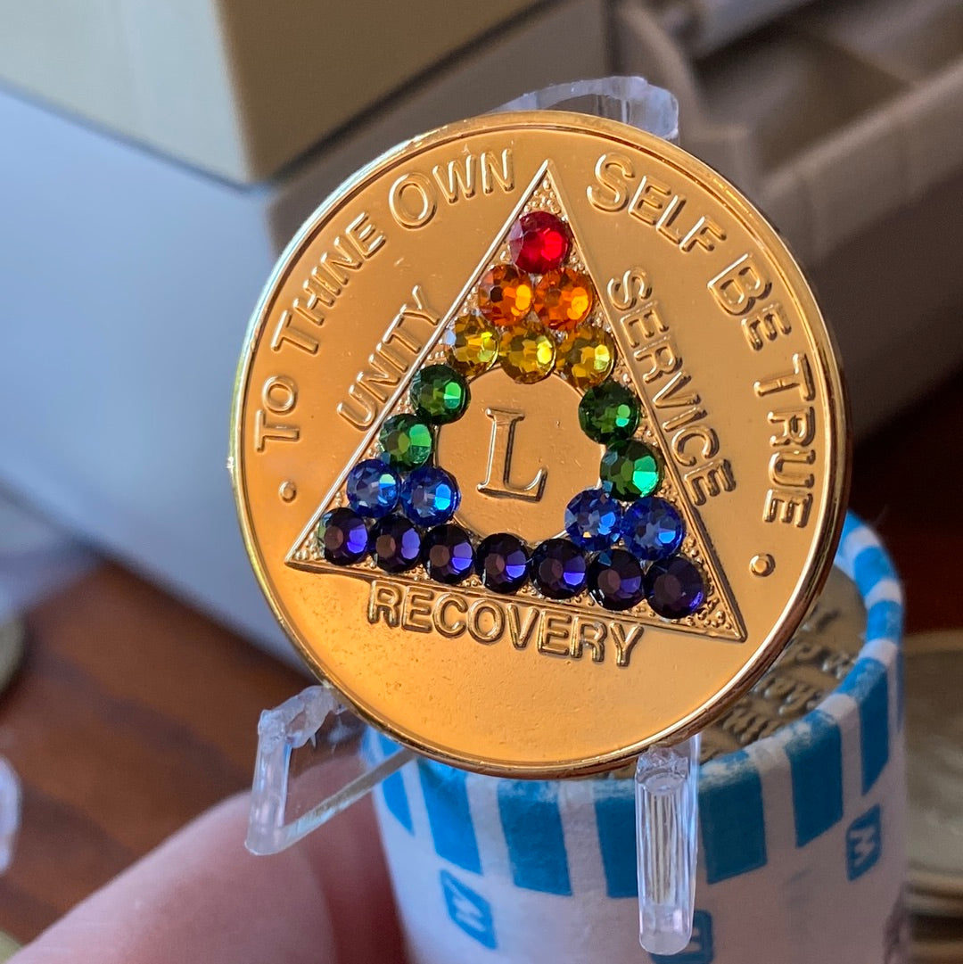 50 Year AA Medallion Gold Plated Rainbow LGBT Crystal Sobriety Chip ...