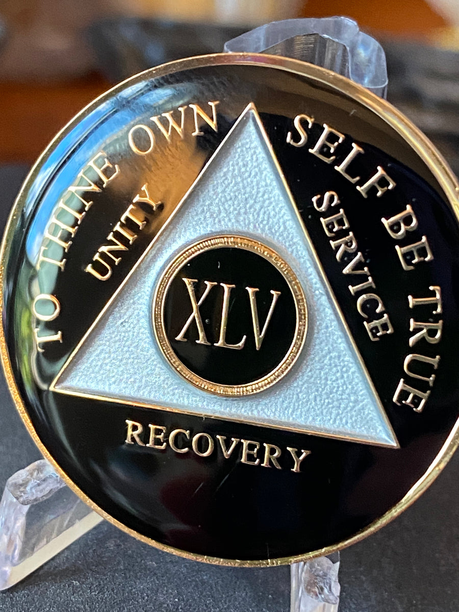 45 Year AA Medallion Glossy Black Tri-Plate Sobriety Chip Serenity Pra ...