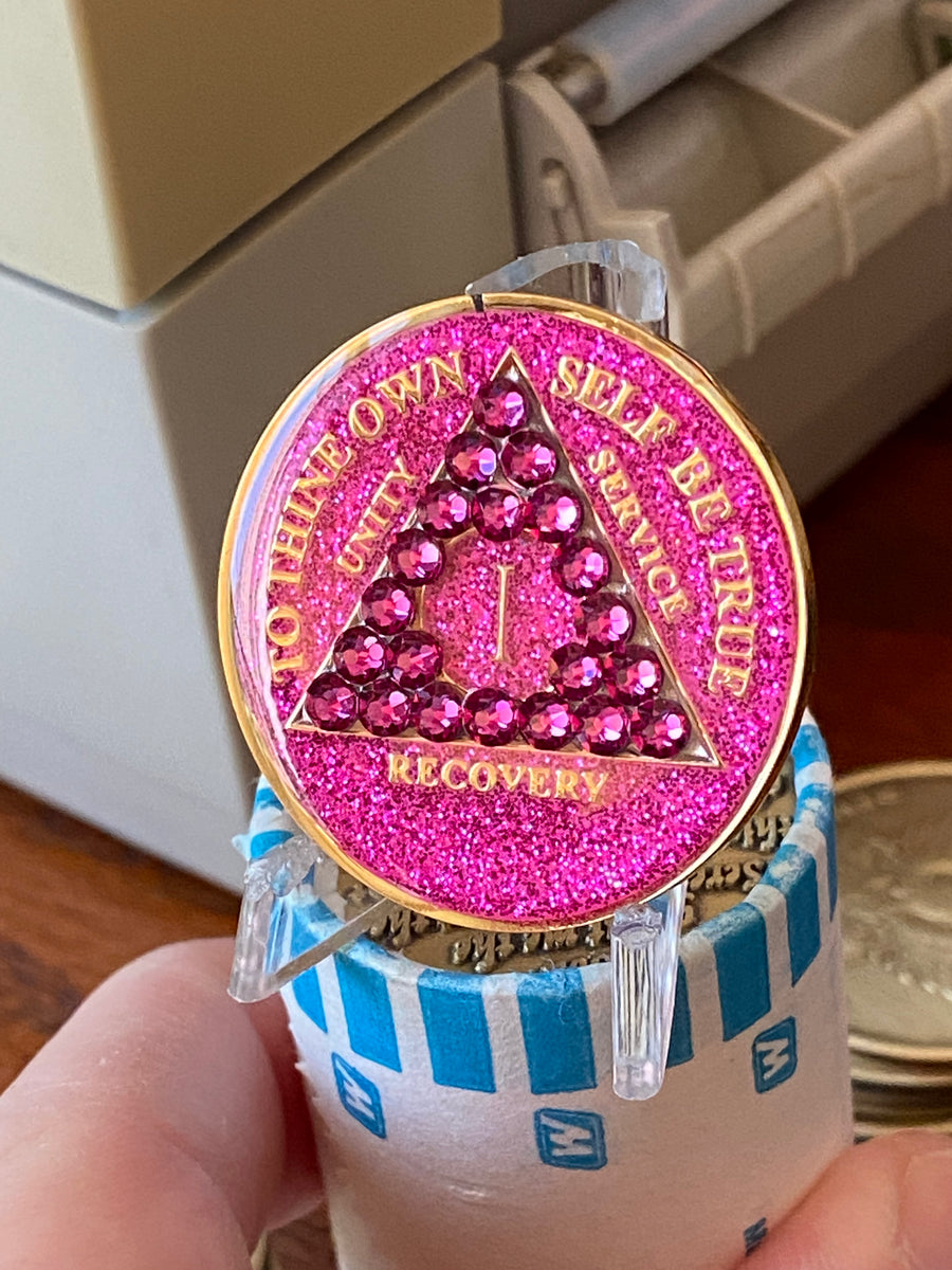 1 Year AA Medallion Pink Glitter Fuschia Crystal Tri-Plate Sobriety Ch ...