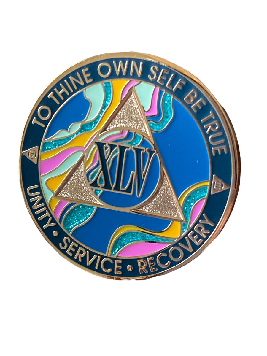 45 Year AA Medallion Elegant Tahiti Teal Blue and Pink Marble Gold Sob ...