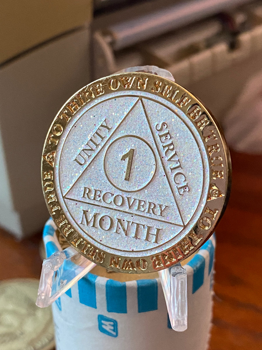 1 Month AA Medallion White Glitter Gold 30 Day Sobriety Chip – RecoveryChip