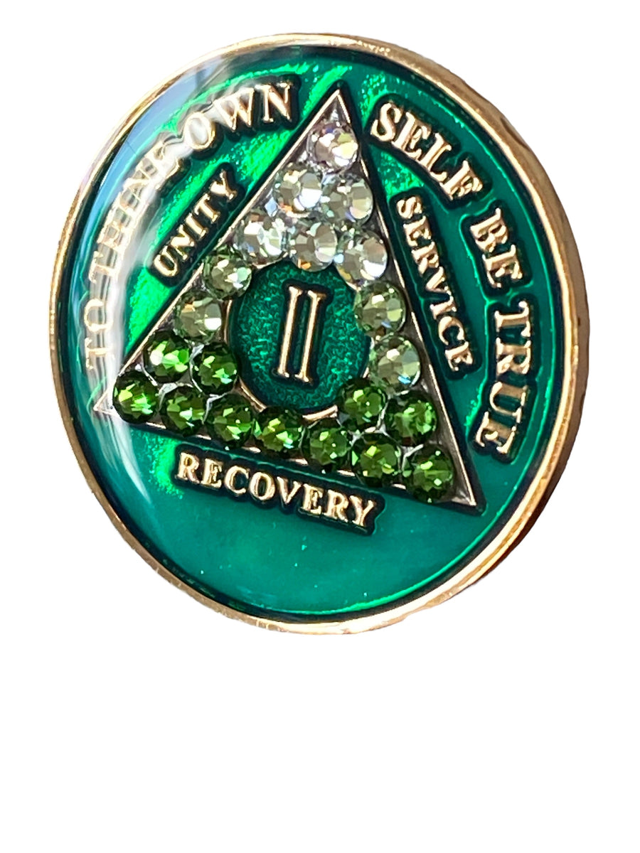 2 Year AA Medallion Green Transition Crystal Tri-Plate Sobriety Chip ...