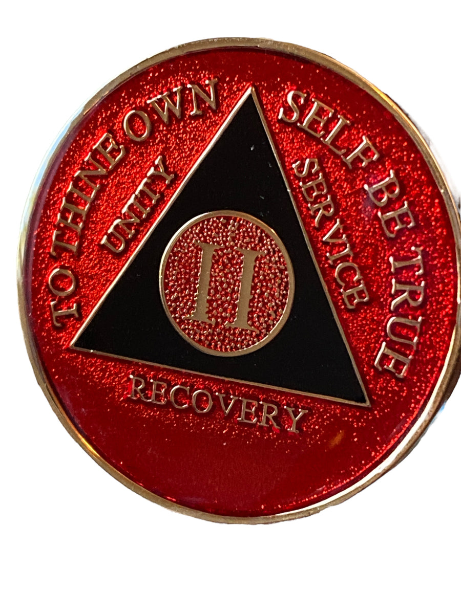 2 Year AA Medallion Red Black Gold Plated Tri-Plate Sobriety Chip Sere ...