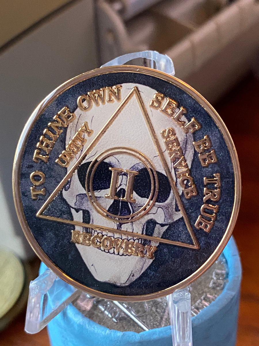 2 Year AA Medallion Skull Design Black Tri-Plate Sobriety Chip Serenit ...