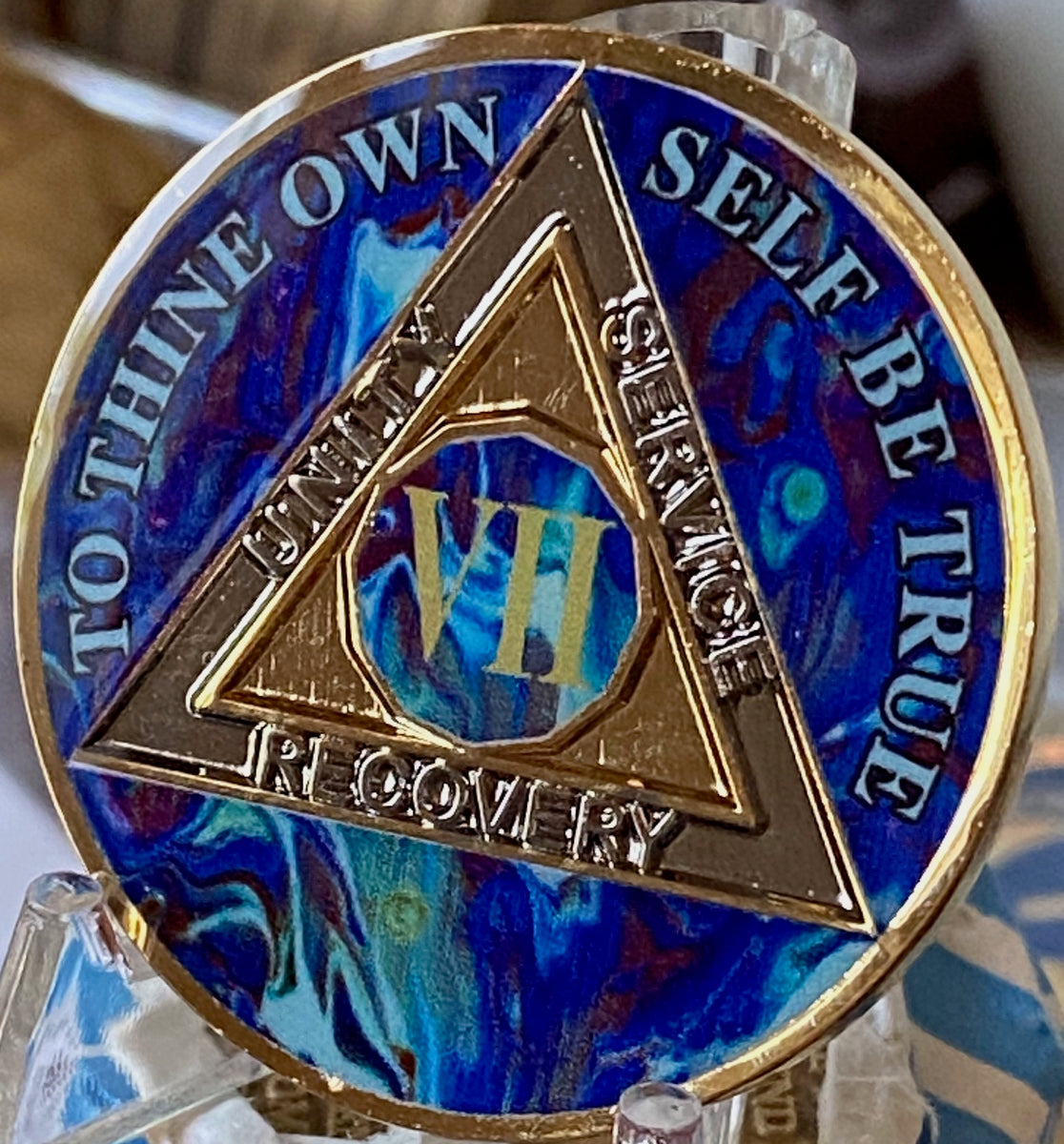 7 Year AA Medallion Sapphire Blue Swirl Tri-Plate Sobriety Chip ...