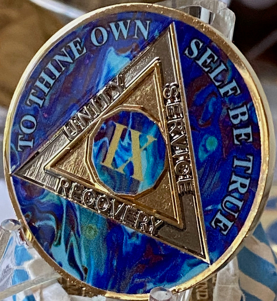 9 Year AA Medallion Sapphire Blue Swirl Tri-Plate Sobriety Chip ...