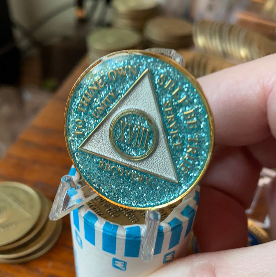18 Year AA Medallion Aqua Glitter Tri-Plate Sobriety Chip – RecoveryChip