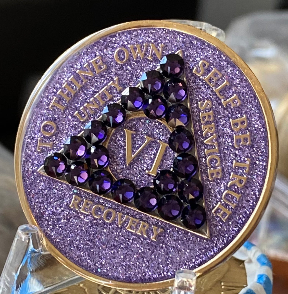 6 Year AA Medallion Purple Glitter Velvet Crystal Sobriety Chip ...