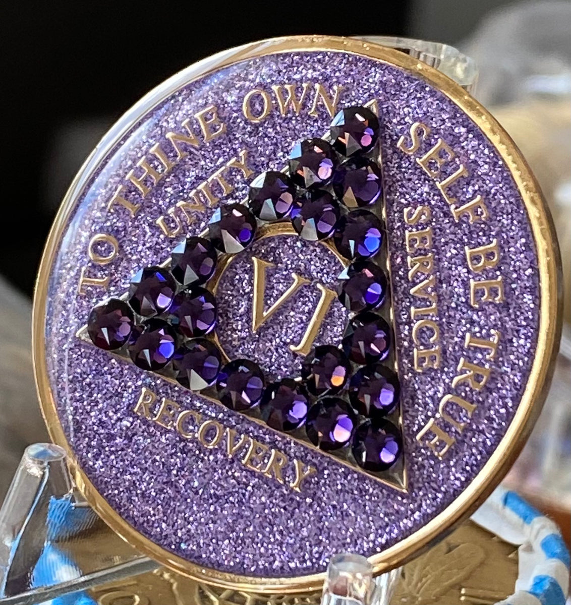 6 Year AA Medallion Purple Glitter Velvet Crystal Sobriety Chip ...
